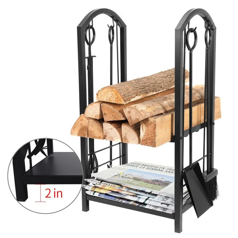 Black Wrought Iron Firewood Storage Log Rack With 4 Tools - Buy ...