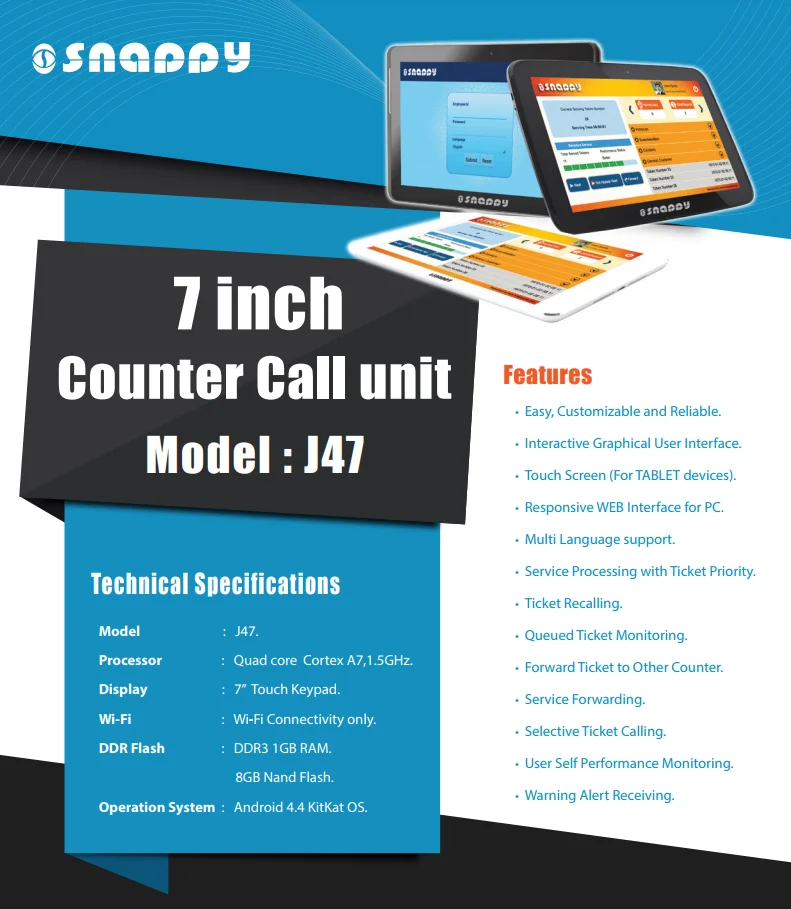 7inch Queued Ticket Monitoring Counter Call Unit with Android App