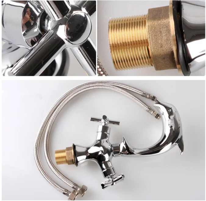 Bathroom Double Handle Brass Basin Faucet - Dolphin Shape