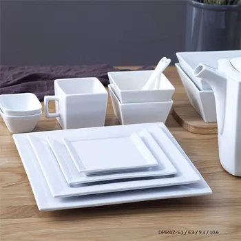 P11 10" Inch Plates Square White Ceramic Flat Wide Lip Rim Shallow ...