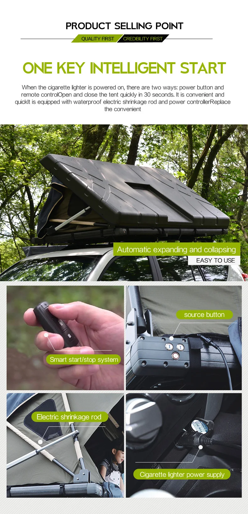 Waterproof Electric Lifting Rod & Roof Top Tent for Camping