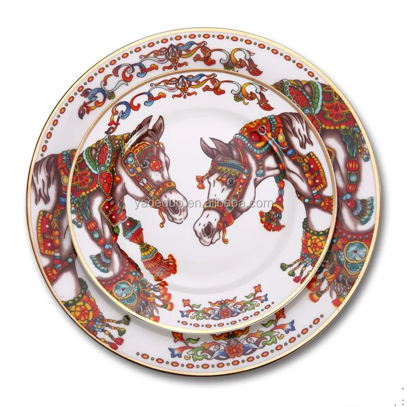 Arabic Royal Ceramic Horse Dinnerware Plates Set Luxury Porcelain