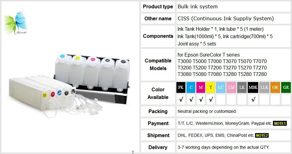 Bulk Ciss Ink System For Epson Surecolor Sc T3000 T5000 T7000 T3200 ...