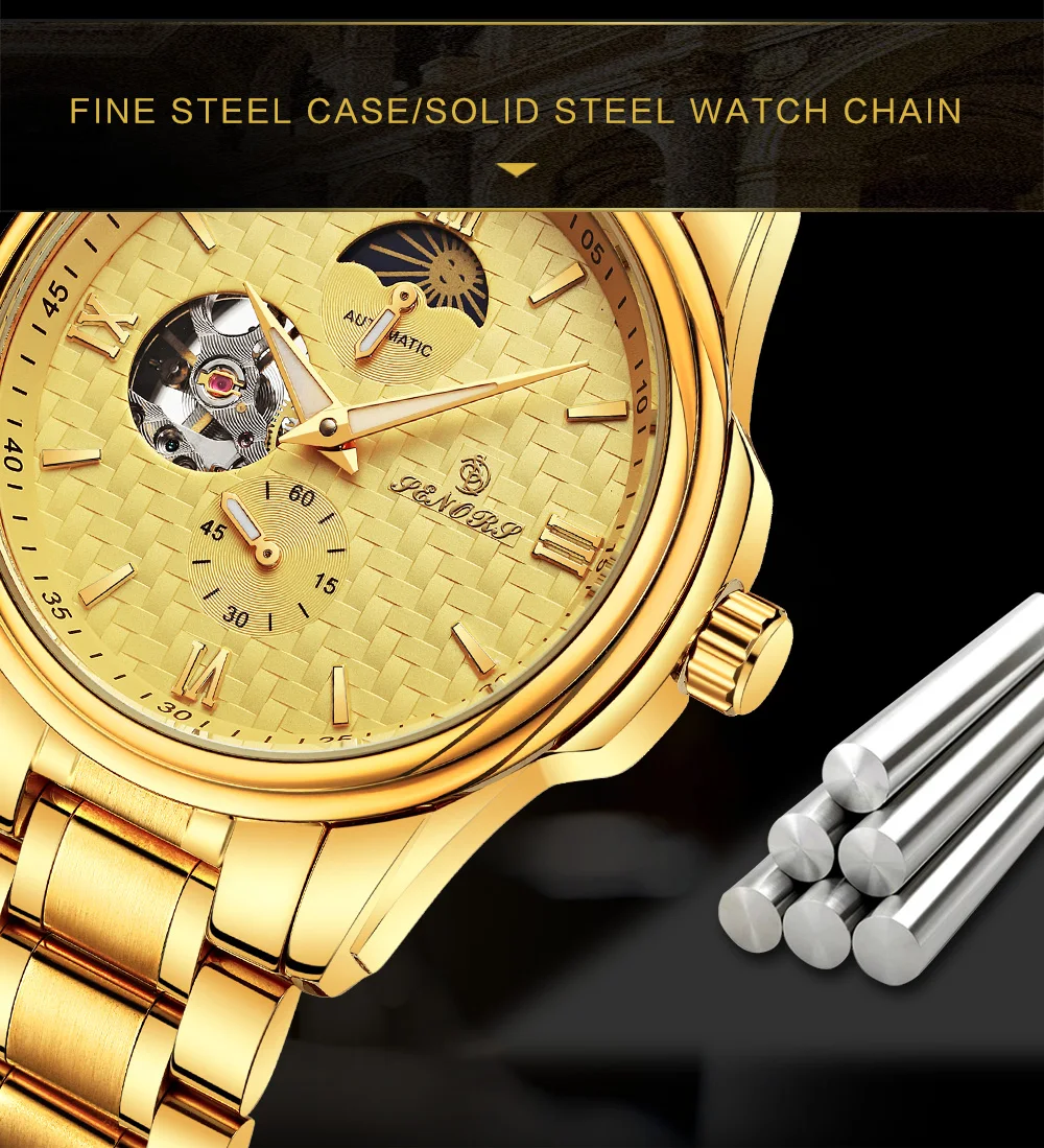 Cheap Watch Sun Moon Phase Custom Logo Skeleton Automatic Mechanical ...