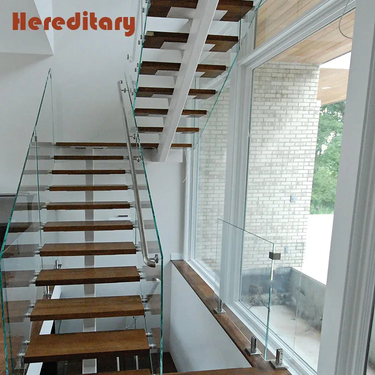 Stainless Steel Mono Stringer Glass Staircase With Solid Wooden Dais ...