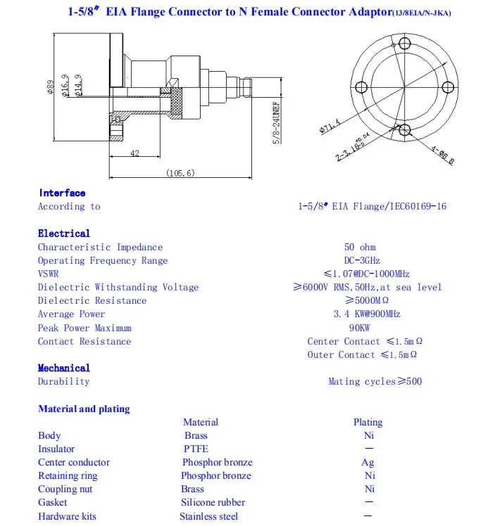 1-5/8" 13/8''EIA Flange Connector to N Female Jack Adapter