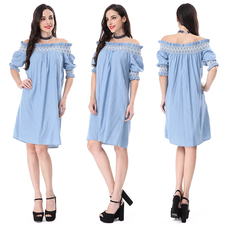 2017 Summer New Design Short Sleeve Off Shoulder Dresses Women Denim