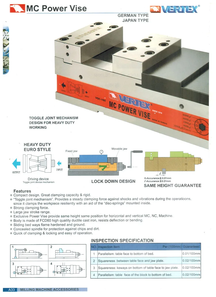 VERTEX Precision Double Force Vise - VQC-125 for Manufacturing