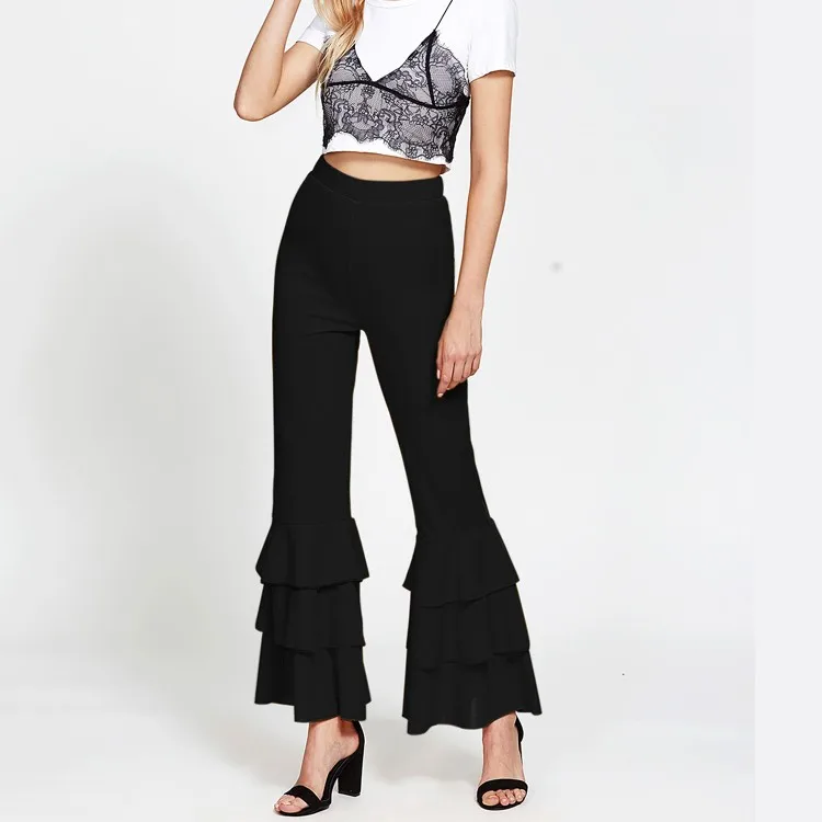 Black Cotton Long Triple Tiered Ruffle Bottom Pants - Buy Ruffle Bottom ...
