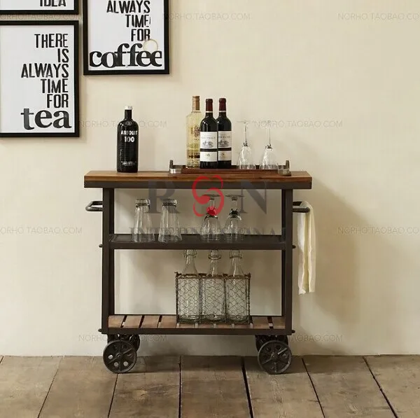 American Iron Wooden Tea Coffee Serving Trolley Moving Wine Cabinet ...
