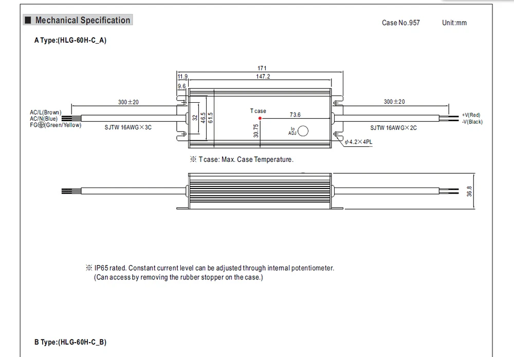 Meanwell Hlg-60h-c Series 70w Single Output Led Power Supply Hlg-60h-c350 Hlg-60h-c350a Hlg-60h ...