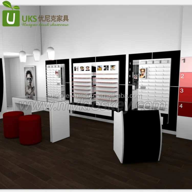 Diseño De Mostrador De Tienda Óptica De Color Blanco Y Rojo Y Estante ...