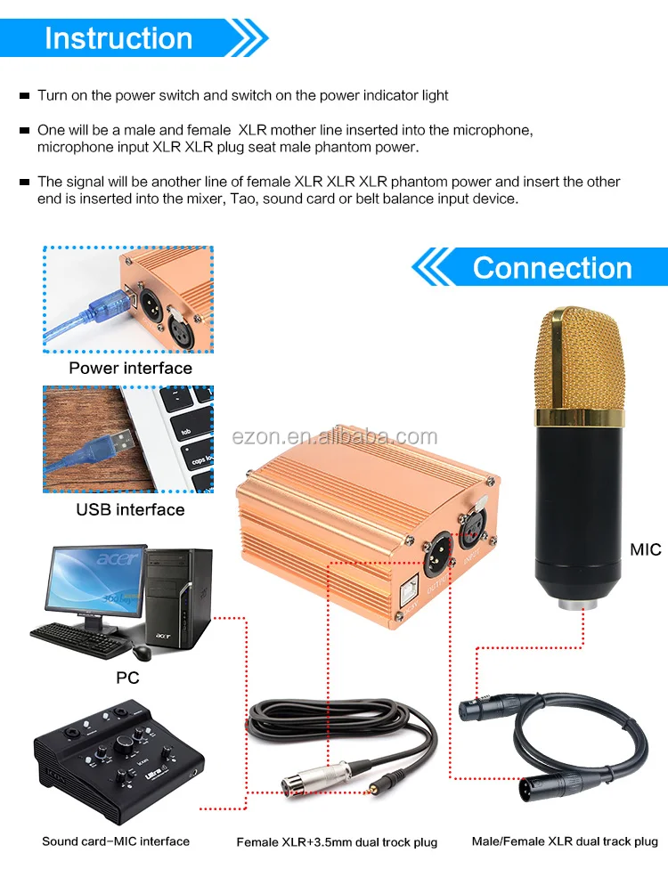 EZON 48V Phantom Power USB Power Supply for Condenser Microphones