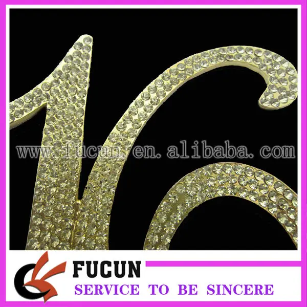 12cm Yellow Rhinestone Gold Number 16 For Anniversaries Cake Decoration ...