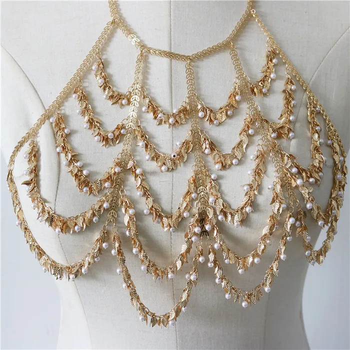 Leaf Pearl Chain Bra Gold Plating Harness Breast Belly Chain Body ...