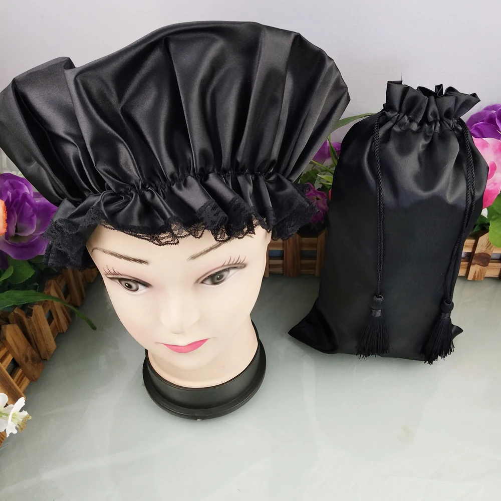 Women Satin Bonnet For Hair Extension Silk Bag With Drawstring Tassel ...
