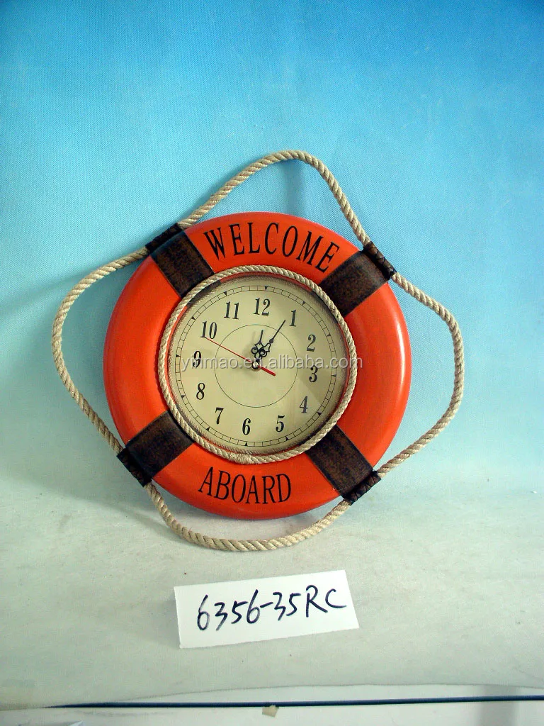 Orange Painted Life Buoy Wall Clock Welcome Aboard Dia 35cm Life Saver ...