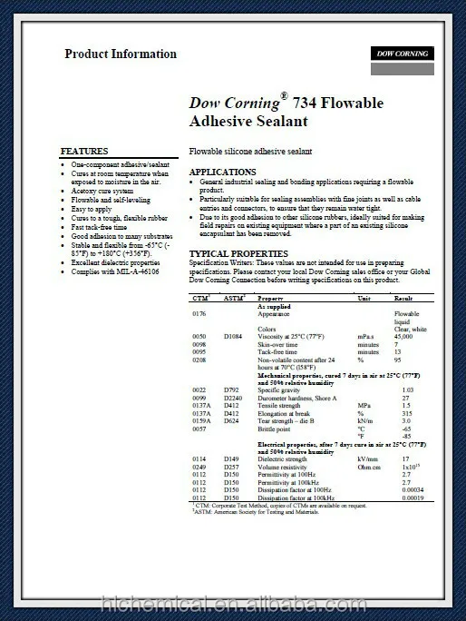 Flowable Adhesive Sealant Rtv Silicone Dow Corning 734 - Buy Dow ...