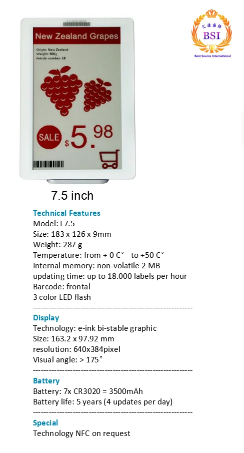 7.5inch Esl Label 3 Colors Electronic Shelf Label E Ink Display Esl ...