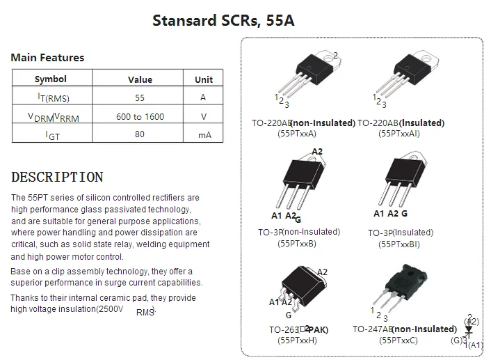 Scr Thyristor Transistor 55pt12c 55a 1200v To-247 - Buy Scr Transistor ...