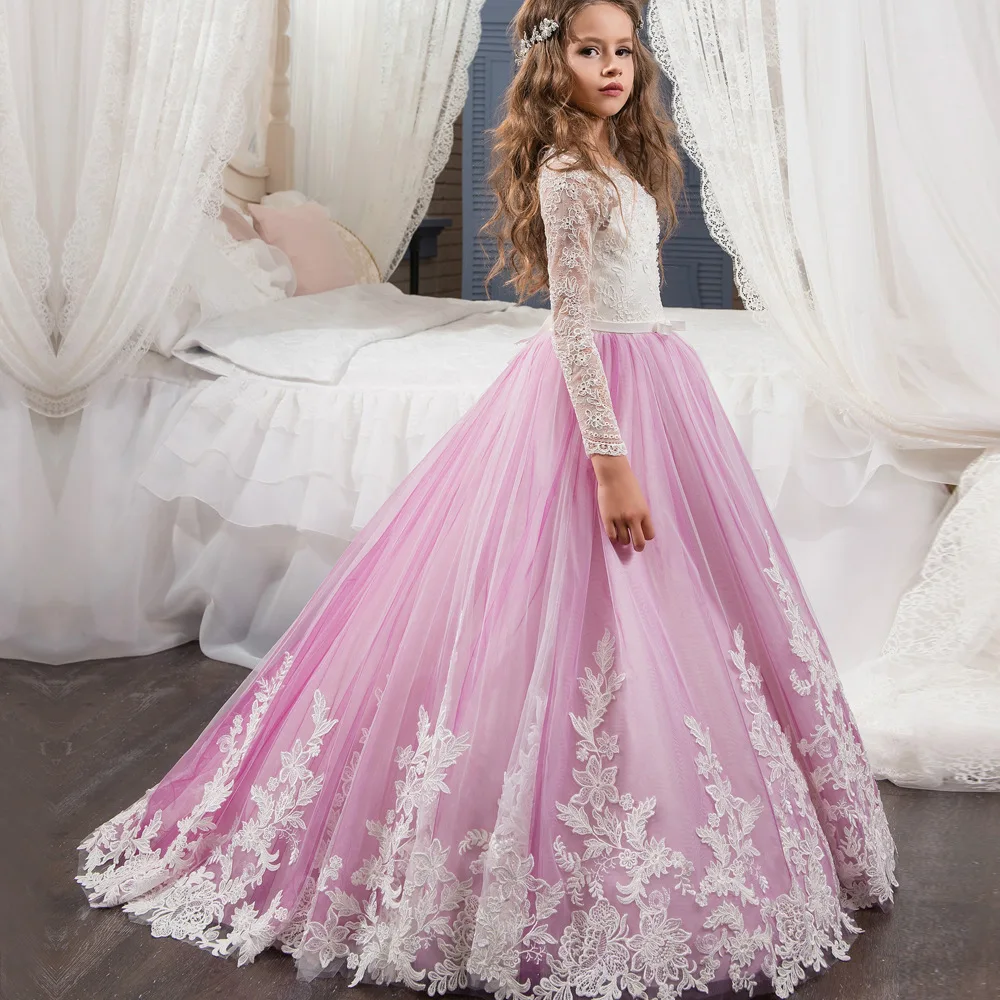 Long Sleeve Lace Embroidery Floral Children’s Wedding Dress