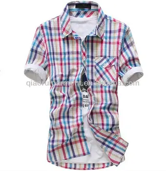 Bright Color Short Sleeve Check Casual Shirt For Men - Buy Bright Color ...