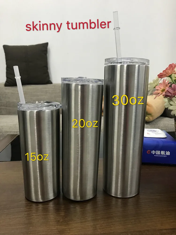 20 Oz Stainless Steel Skinny Tumblers Straws Straight Water Wine ...