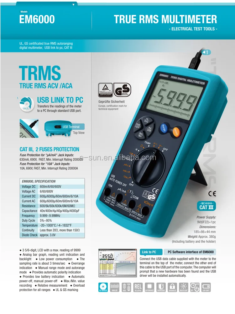 All-sun EM6000 Digital Multimeter - True RMS & Dual Fuse