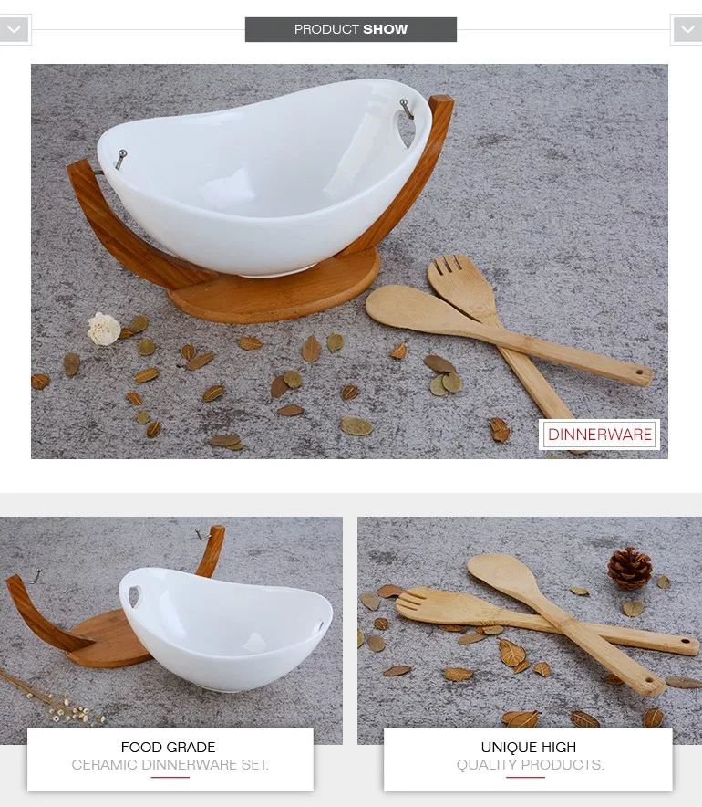 Porcelain White 13" Big Ceramic Salad Bowl With Wood Stand For ...