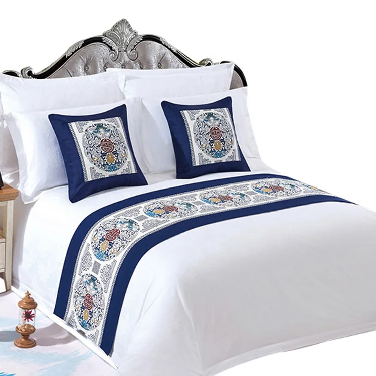 100% Polyester Decorative Fabric Hotel Bed Runner And Cushion Sets ...