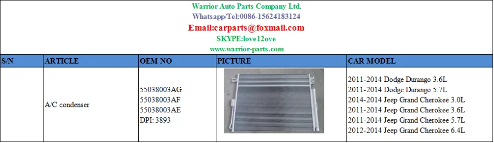 Dodge Chrysler AC Condenser 55038003AG 55038003AF for Jeep Grand ...