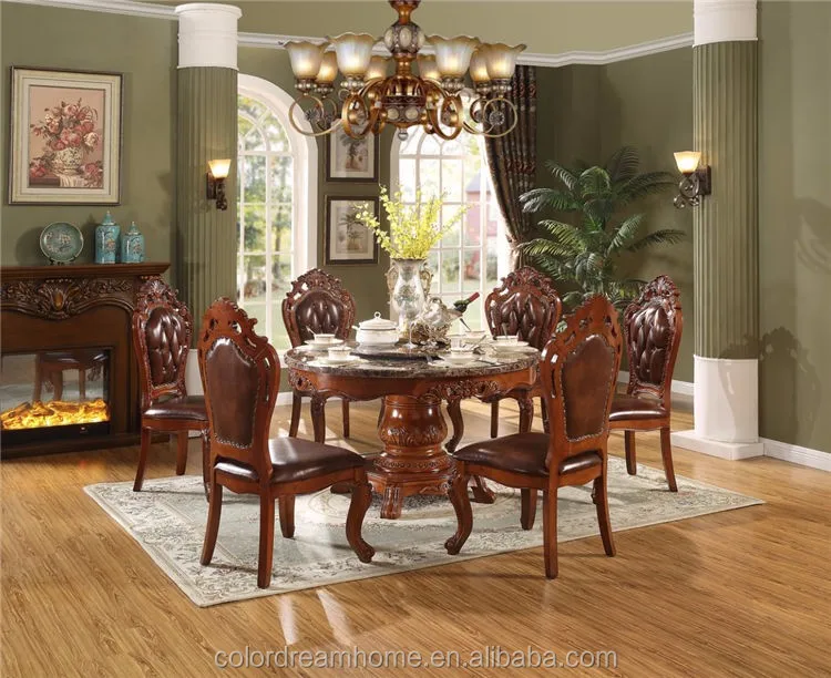 Natural Solid Wood Furniture Set One Table Six Chairs Wood Carving ...