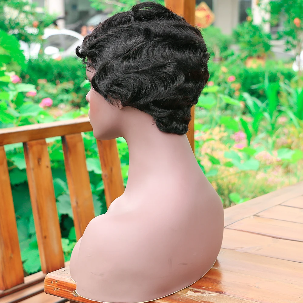 Peruvian Remy Hair Short Wet And Wavy Pixie Cut Wig Ocean Wave Finger ...