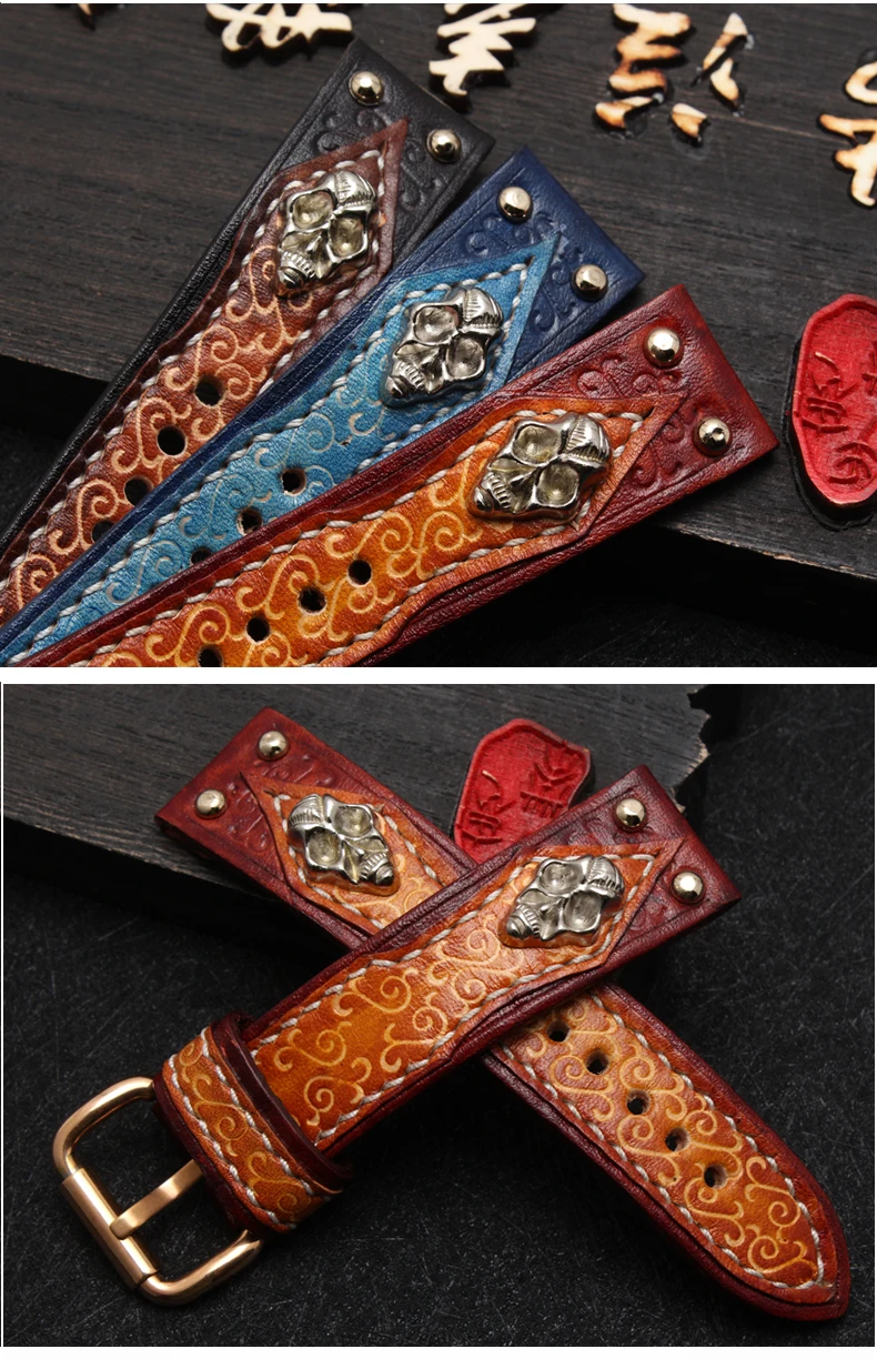 Handmade Vintage Engraving And Skull Head Leather Watch Strap - Buy ...