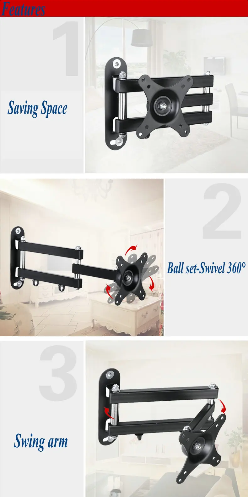 180 Degree Swivel Extendable Arm Tv Bracket Lcd Mount - Buy Tv Bracket ...