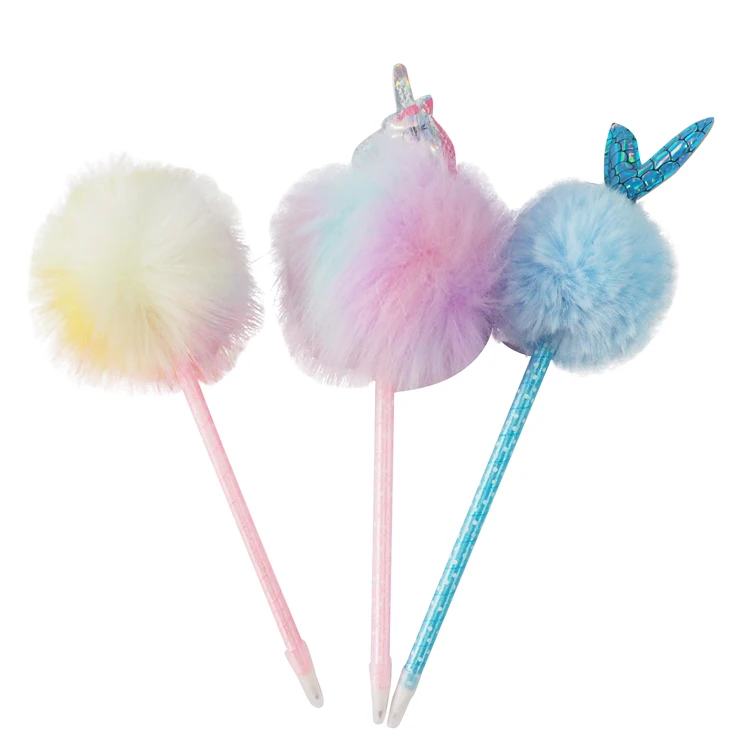 Creative Gel Plastic Fuzzy School Pom Fur Ball Pens Promotional Plush ...