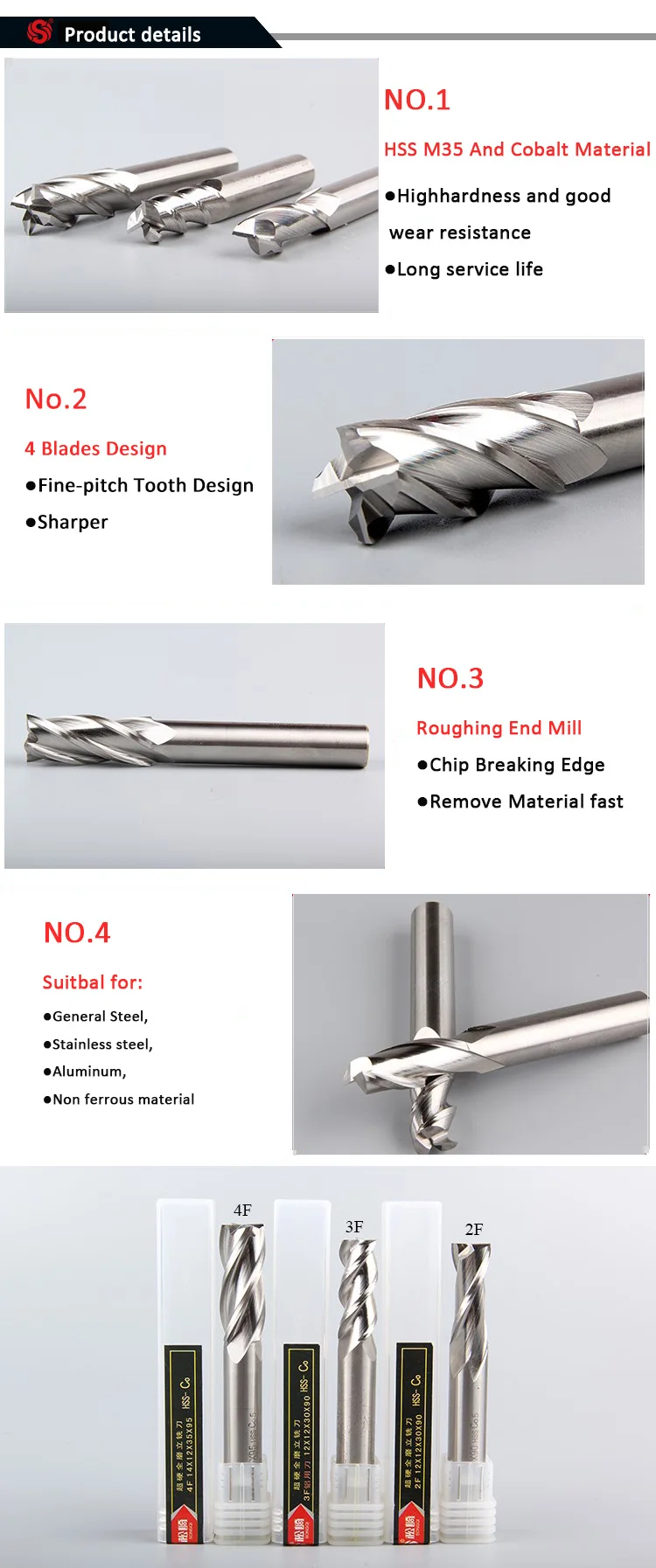 Hss Milling Cutter 2/3/4f M35 End Mill With Cobalt For Aluminum Cnc Tooling System Cylindrical ...