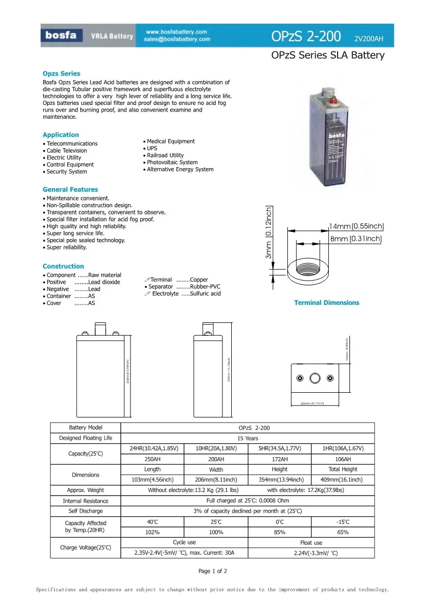 Opzs Tubular Plate Flooded Solar Batteries 200ah 2v Opzs2-200 - Buy ...