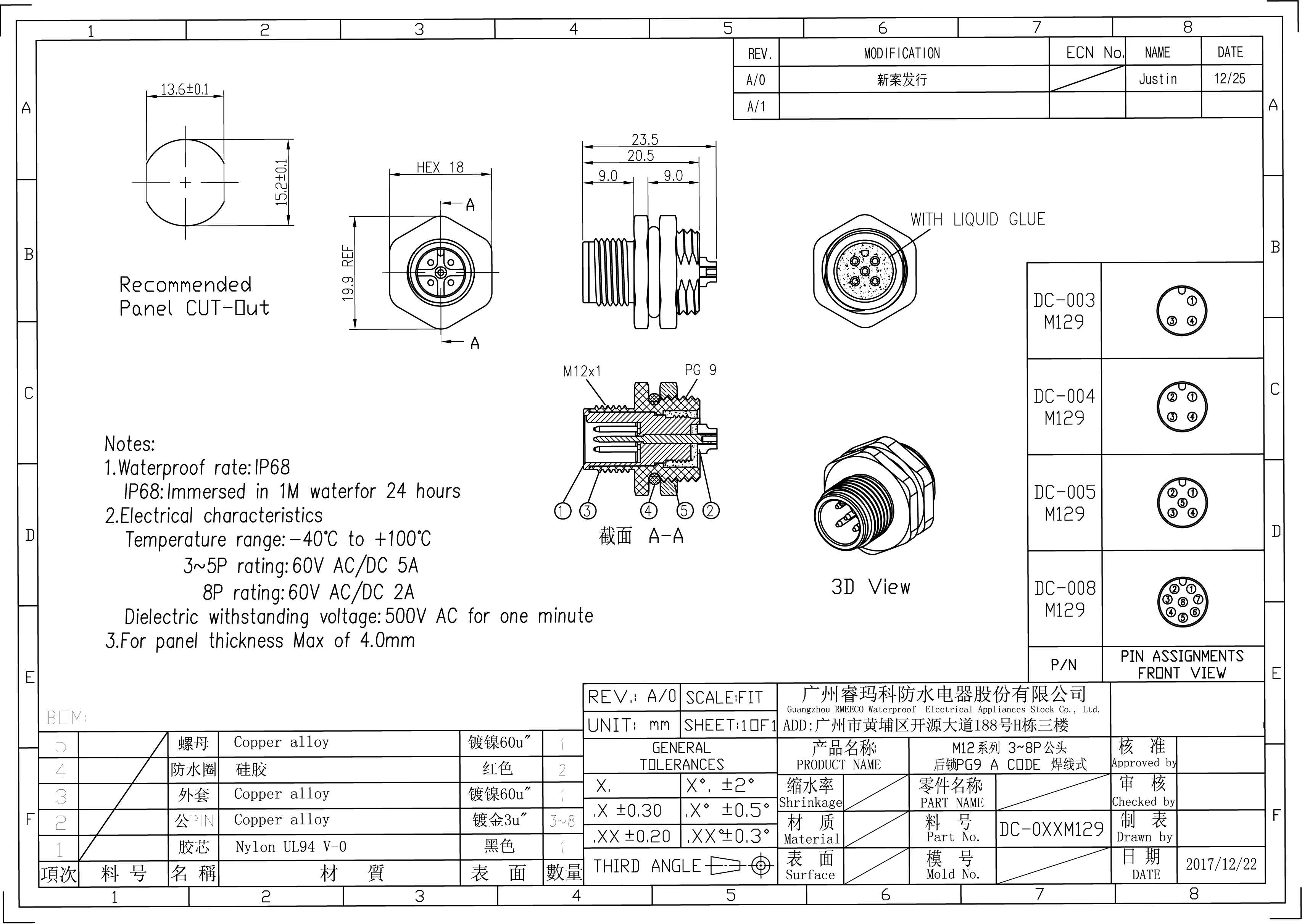 M12 Bulkhead Connector Panel Mount Connector M12 Circular Male ...