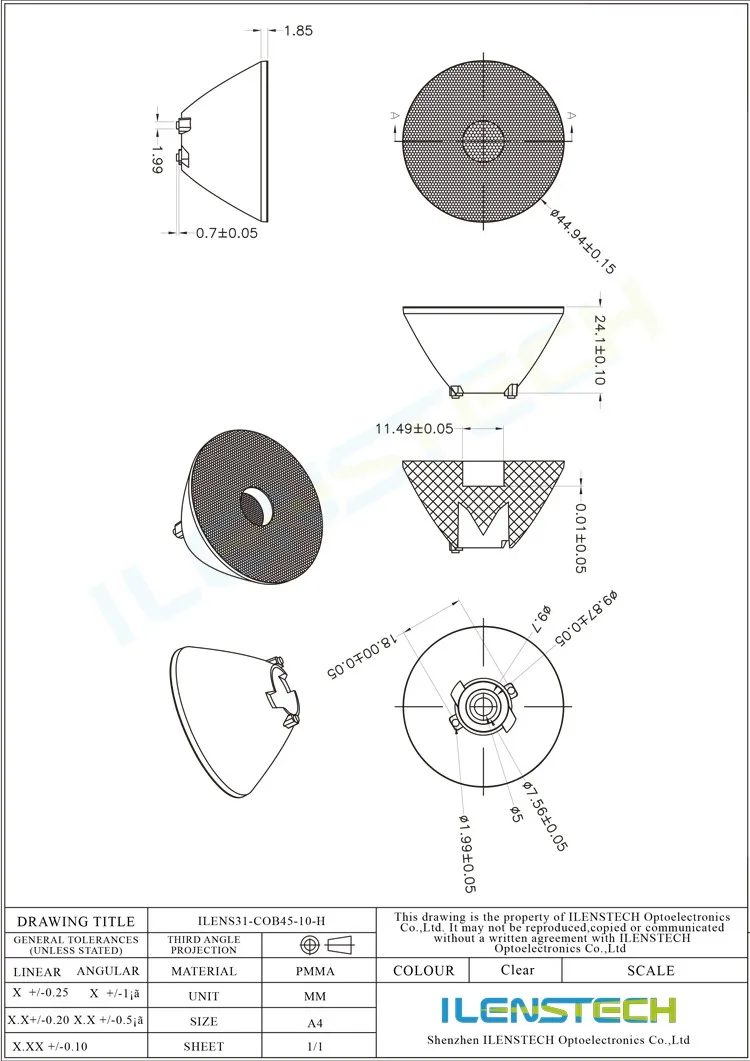COB Led Lens - 45mm, 10 Degree Narrow Beam Diffuser