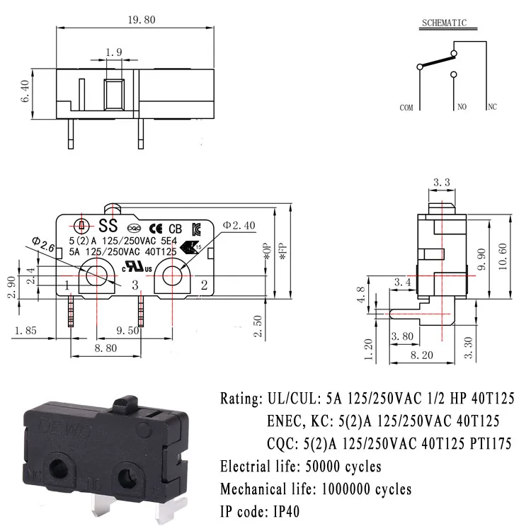 Normally Open 2 Pin Limit 5a 250v T85 5e4 Micro Switch - Buy Micro ...