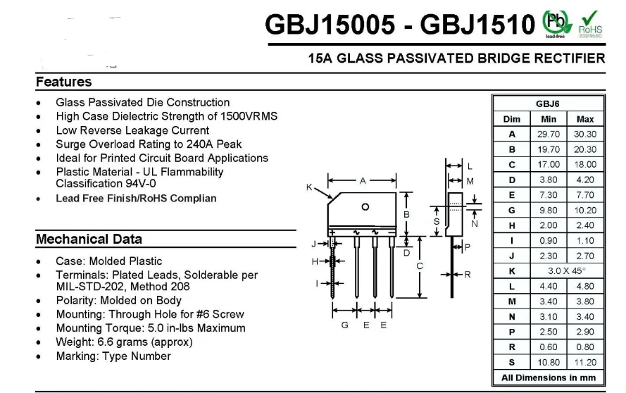 15a 1000v Bridge Rectifier Diode Gbj1510 1000v - Buy Gbj1510,Diode ...