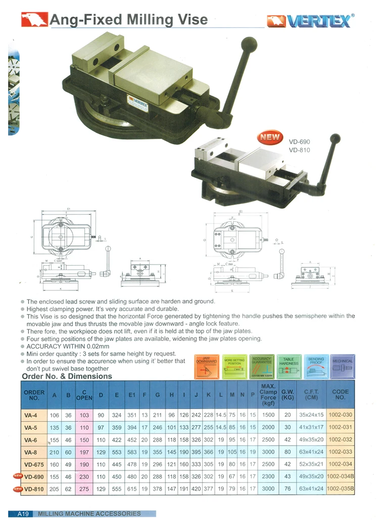 TaiWan VERTEX VD-675 Angle Vise, 190mm Opening, Milling Machine Vise, OEM