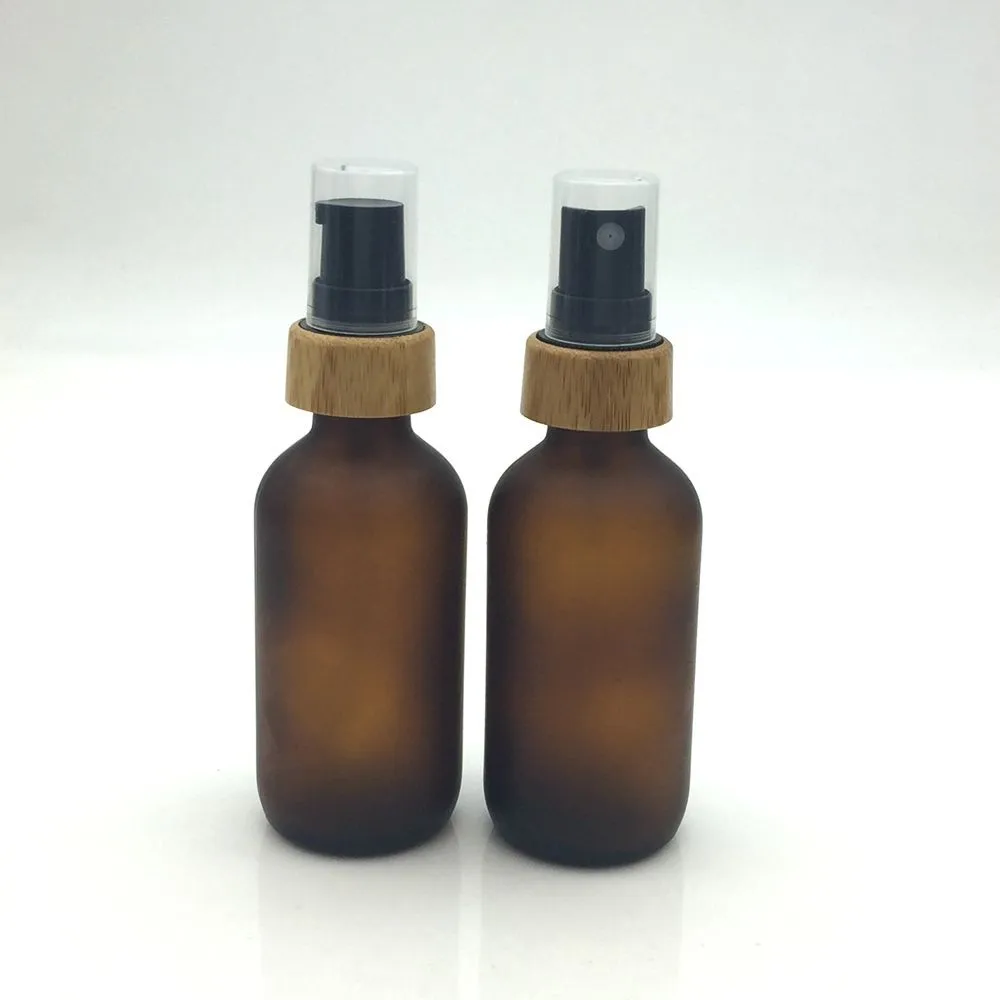 2 Oz Frosted Amber Glass Bottle with 20/400 Bamboo Pump