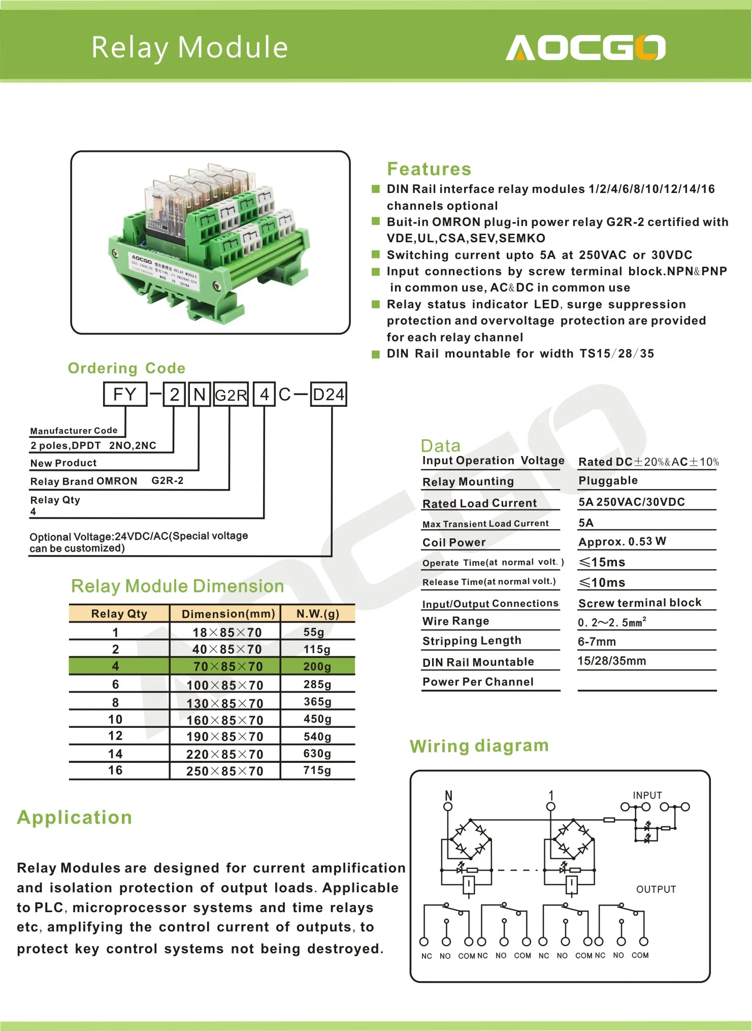 4 Channel DPDT DIN Rail Mount Relay Module - AOCGO FY-2NG2R4C-D24