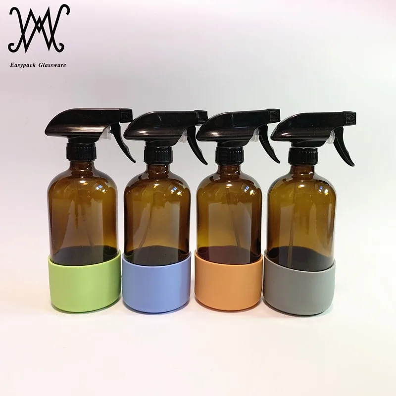 16oz Boston Round Spray Glass Bottle With Silicone Sleeve And Paper ...