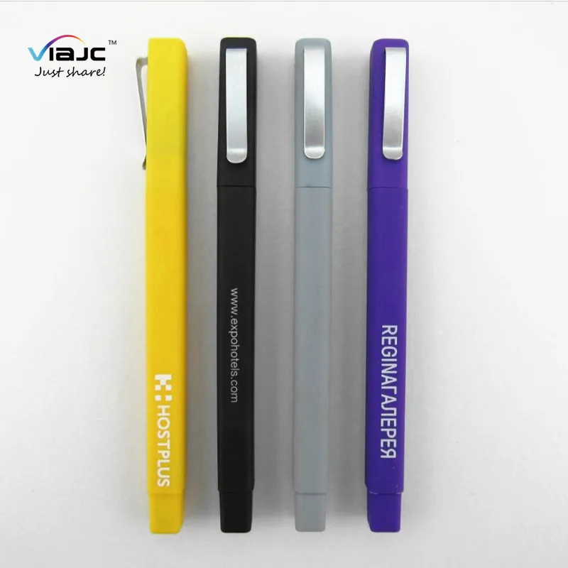 Customized Logo Promotional Rubber Finished Metal Clip Square Pen for Hotel