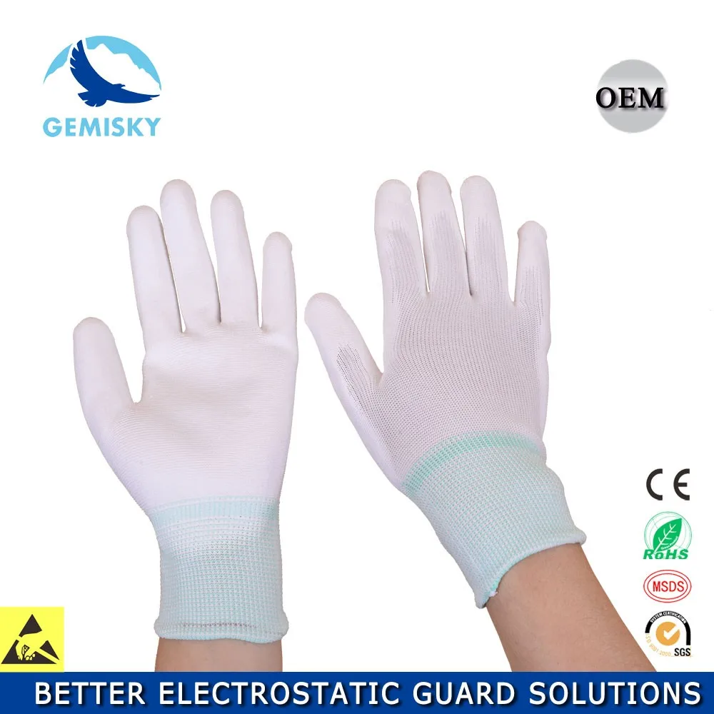 Antistatic Gray Nylon Pu Palm Working Gloves Washable Excellent Antistatic Effect Esd Top Fit ...