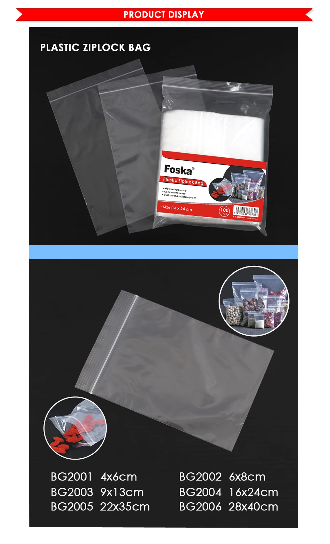 Foska Reusable Plastic Bags - Durable & Clear Self Seal