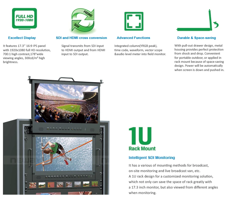 New 17.3" 1ru Pull-out Rack Mount Hd-mi 3g Sdi 1920x1080 4k Full Hd ...